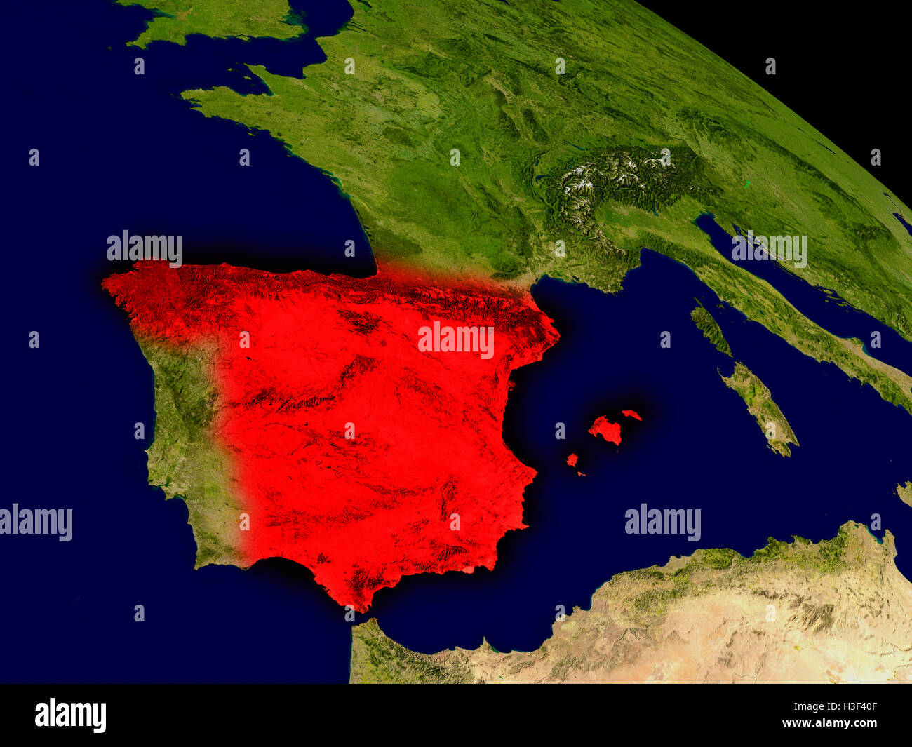 Spain from space in red. 3D illustration with highly detailed realistic ...