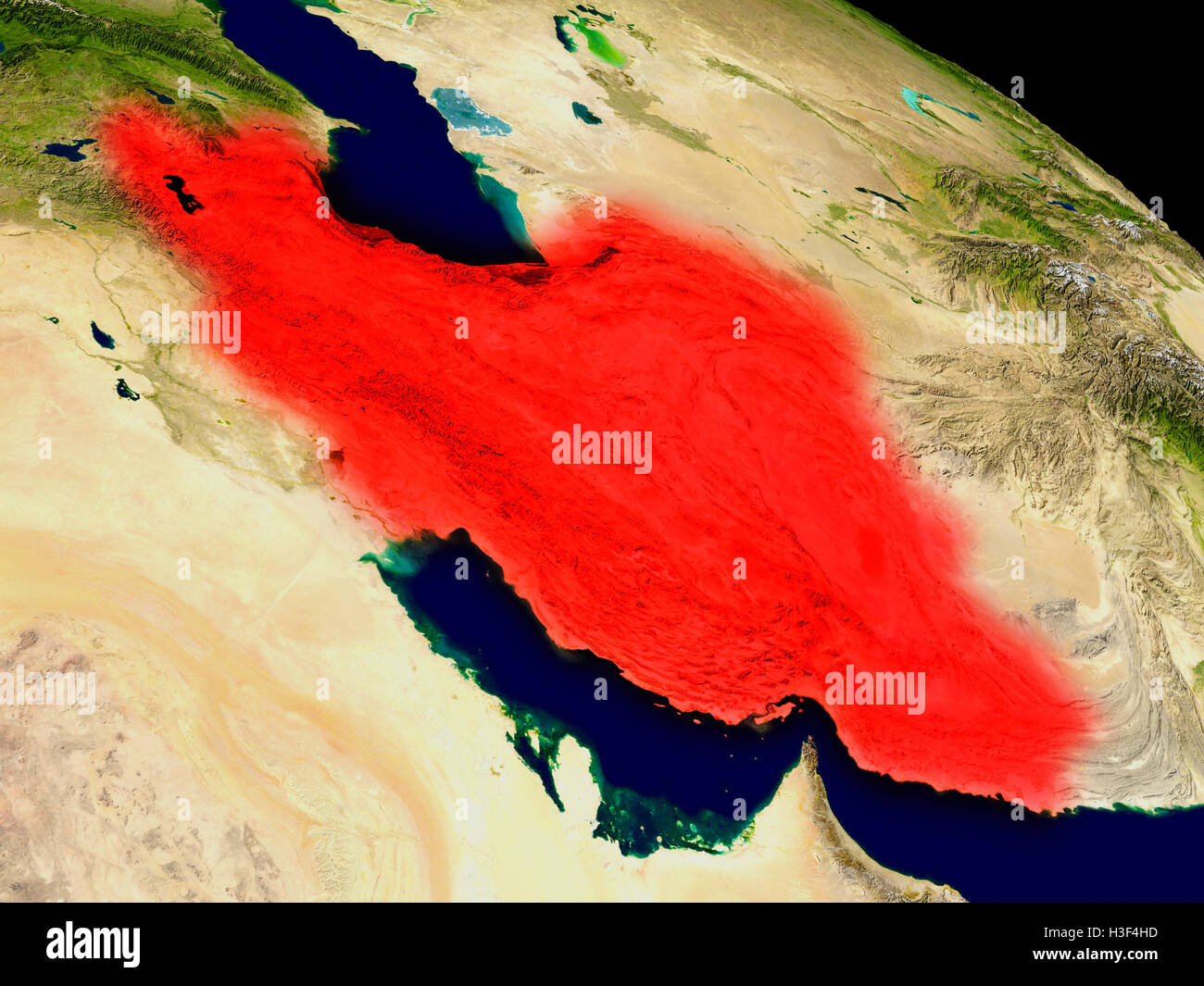 Iran from space in red. 3D illustration with highly detailed realistic ...