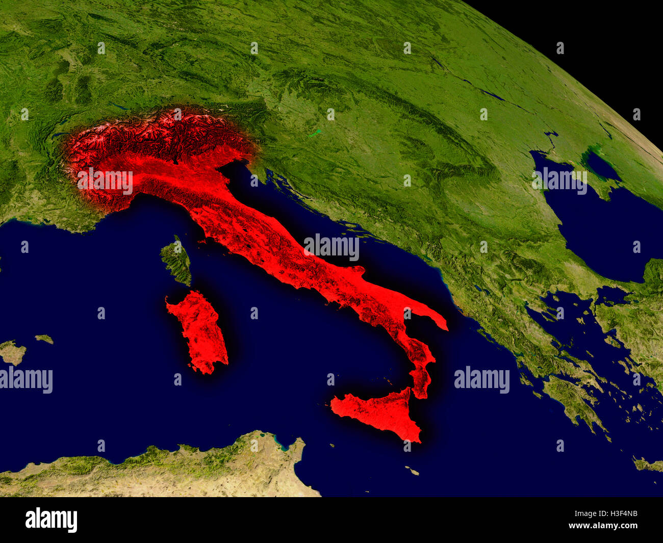 Italy from space in red. 3D illustration with highly detailed realistic ...