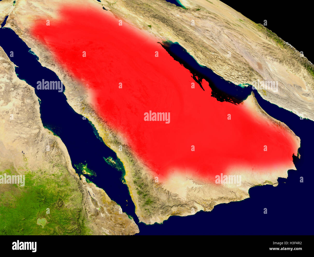 Saudi Arabia from space in red. 3D illustration with highly detailed ...