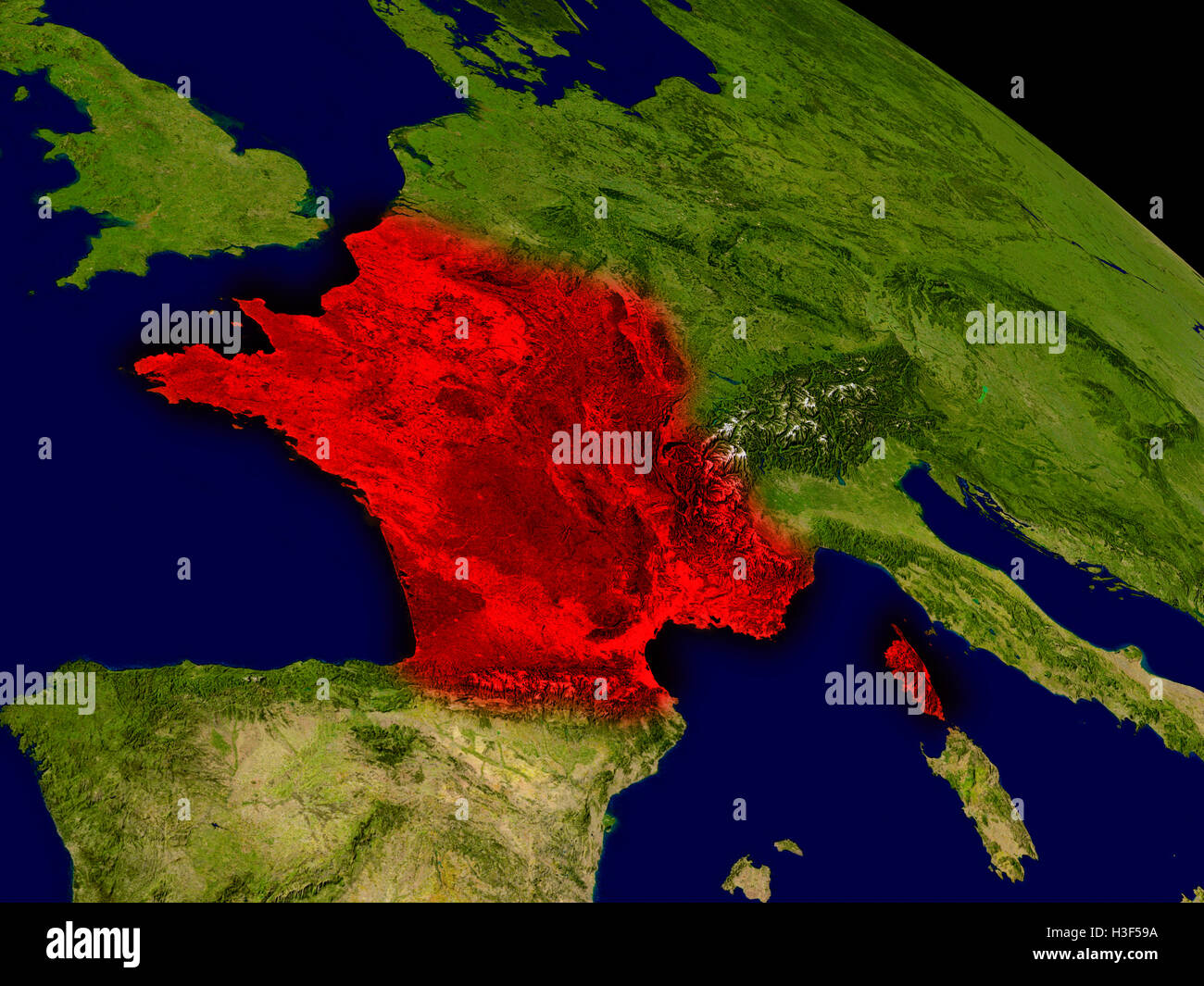 France from space in red. 3D illustration with highly detailed ...