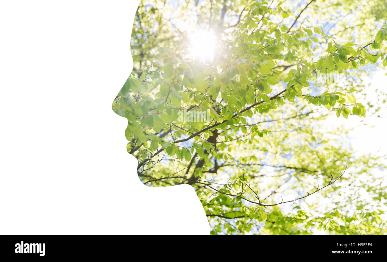 double exposure woman profile with tree foliage Stock Photo - Alamy