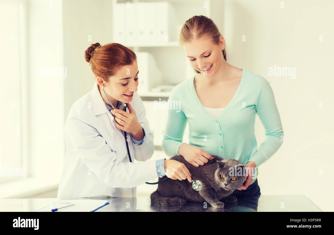 happy woman with cat and doctor at vet clinic Stock Photo - Alamy