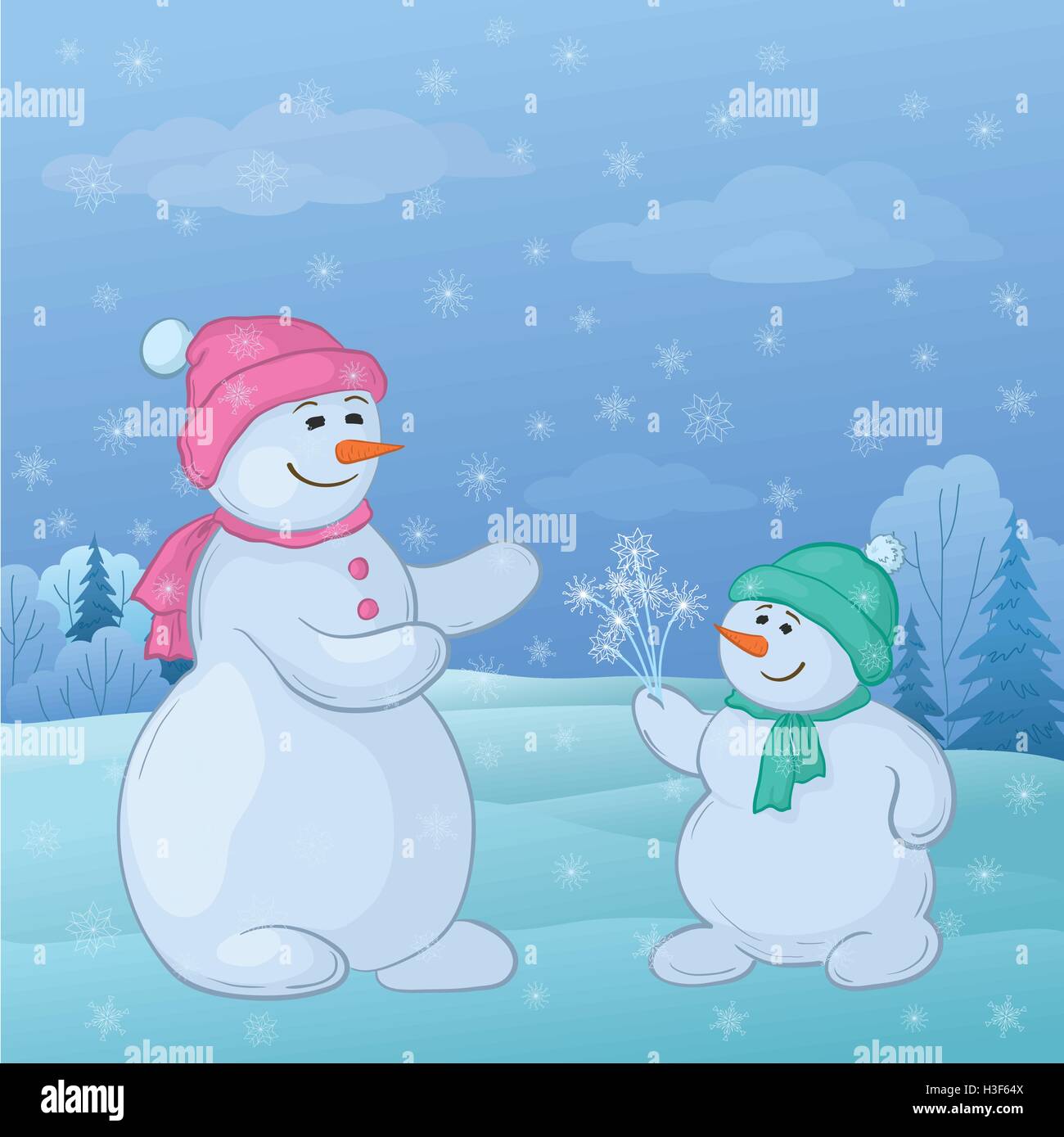 Snowmen son gives mom snowy flowers Stock Vector Image & Art - Alamy