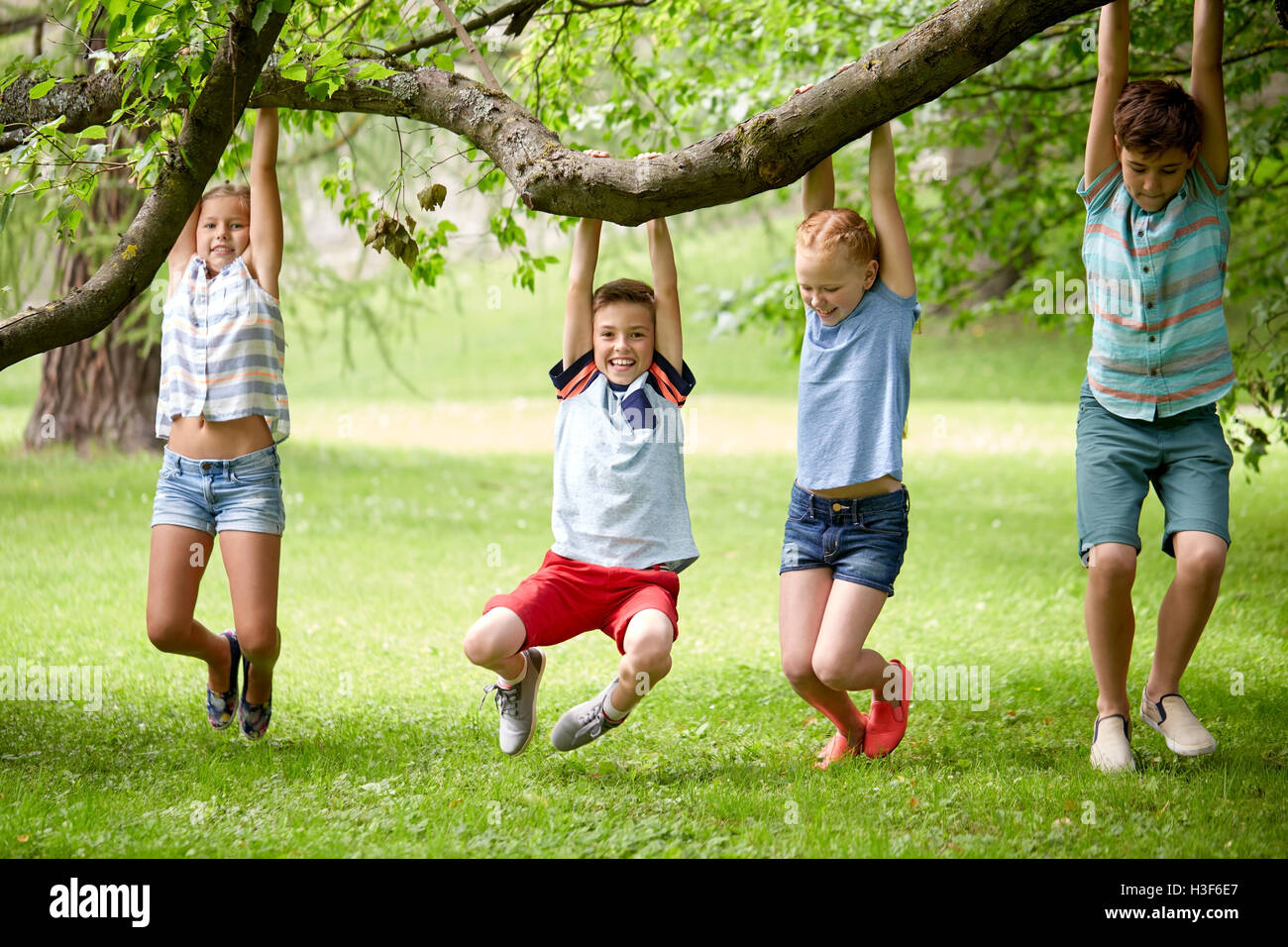 happy kids hanging on tree in summer park Stock Photo - Alamy