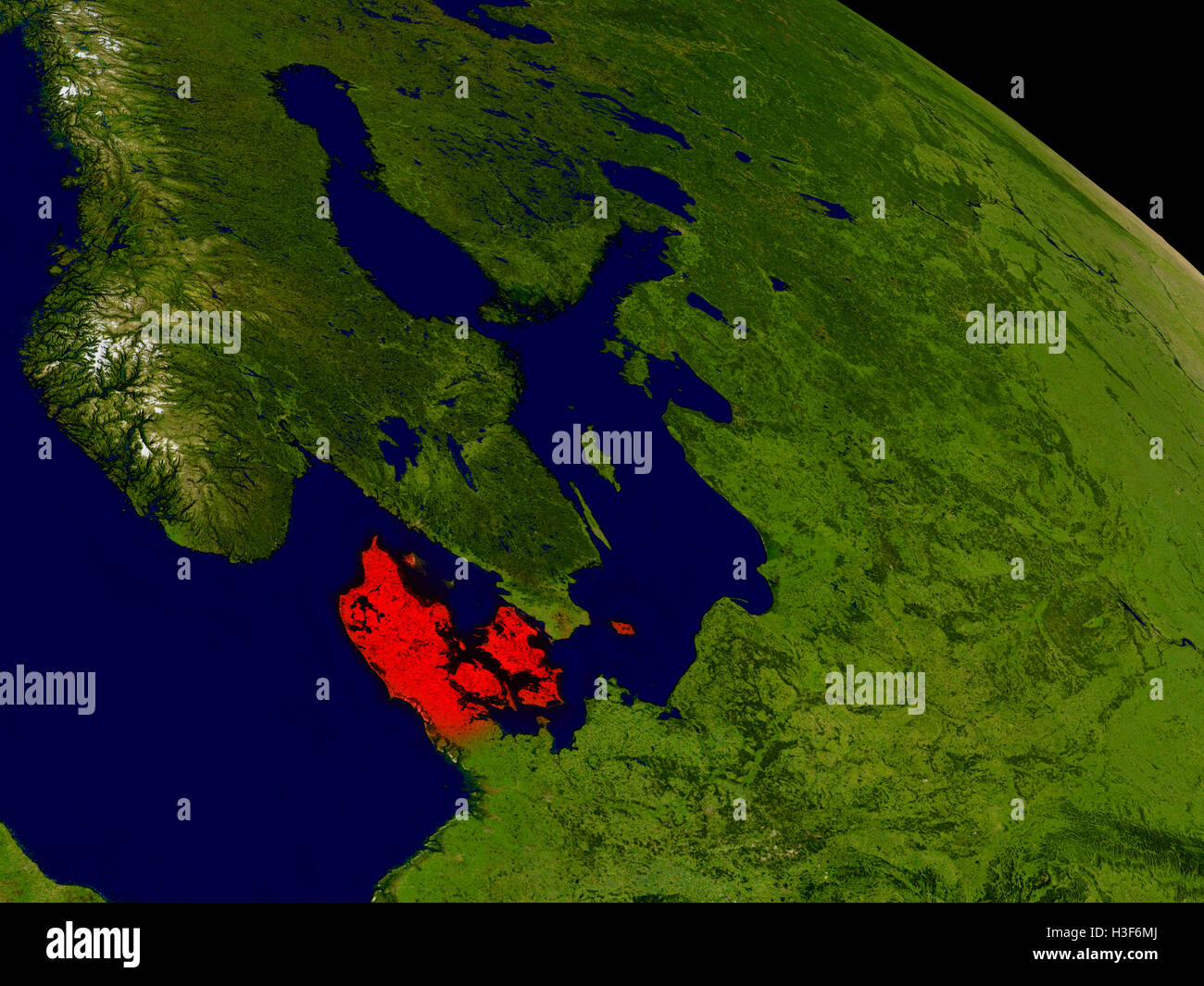 Denmark from space in red. 3D illustration with highly detailed ...