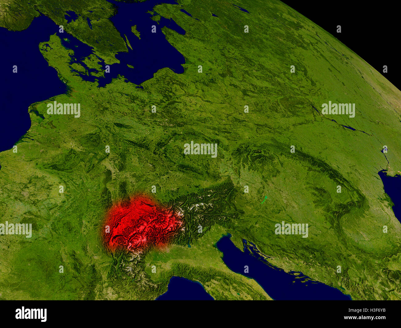 Switzerland from space in red. 3D illustration with highly detailed ...