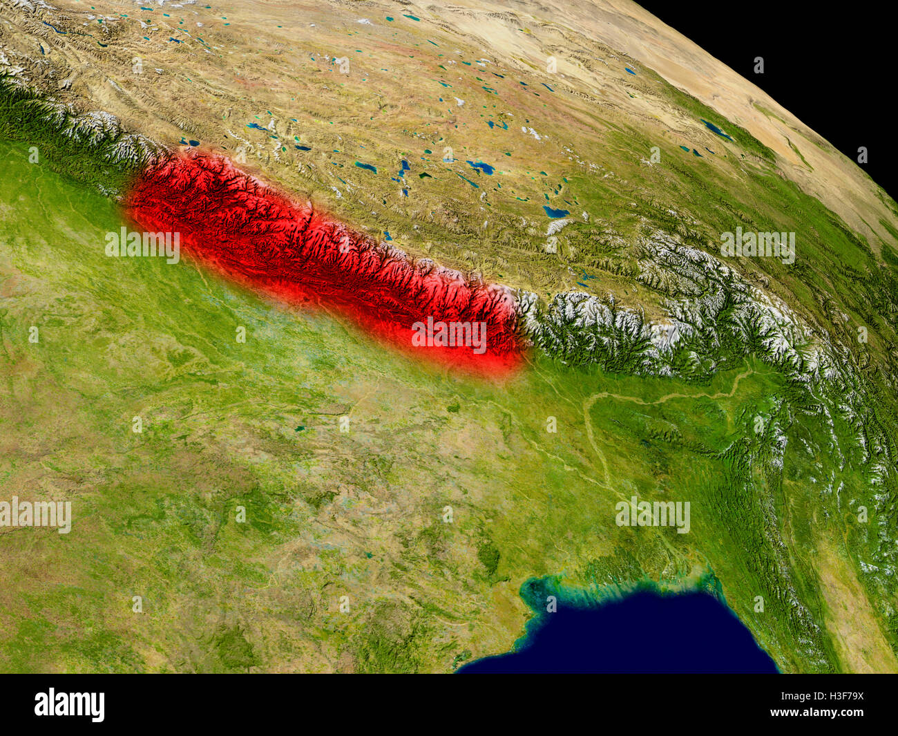 Nepal from space in red. 3D illustration with highly detailed realistic ...