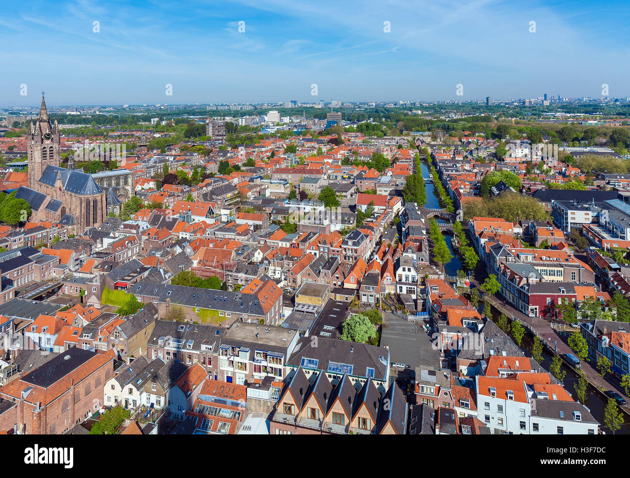 View of the roofs of the old houses of Delft from the top of the new ...