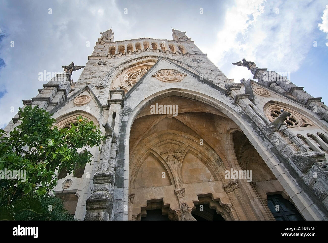 Detail of gothic cathedral church of St. Bartholomew in Soller ...