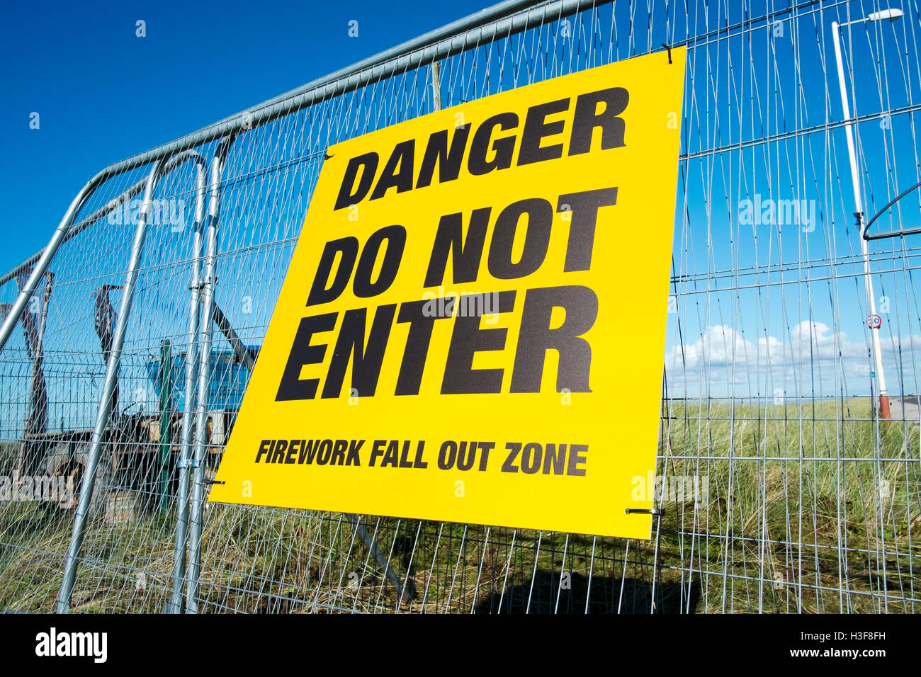 A 'Do Not Enter' firework fall out zone warning sign Stock Photo - Alamy