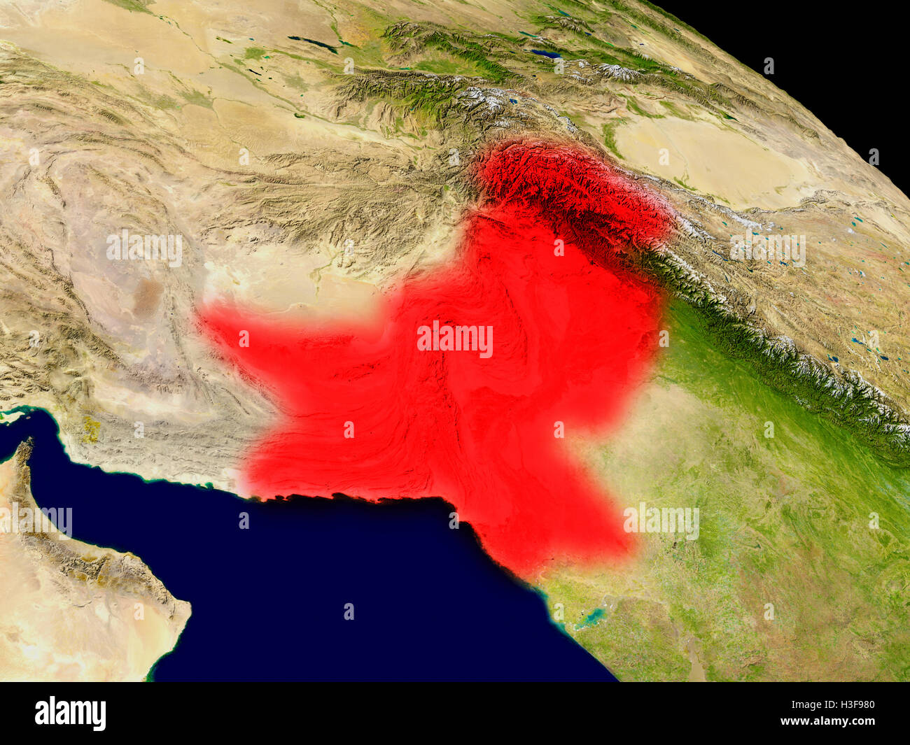 Pakistan from space in red. 3D illustration with highly detailed ...