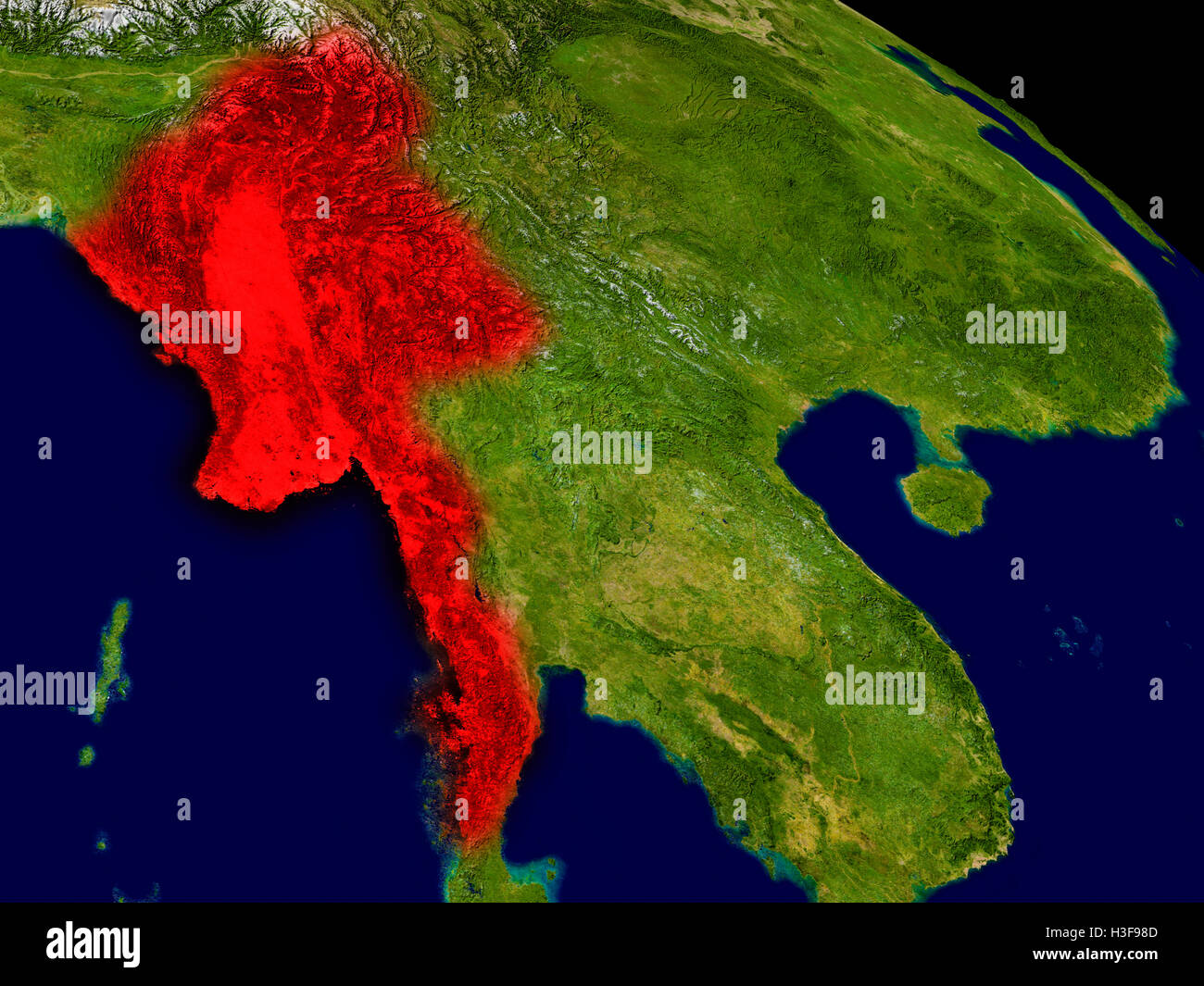Myanmar from space in red. 3D illustration with highly detailed ...