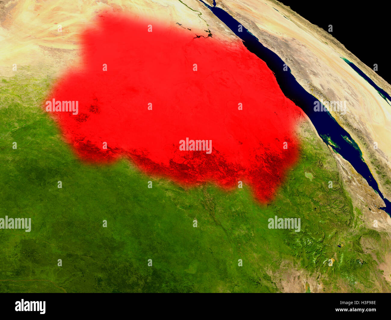 Sudan from space in red. 3D illustration with highly detailed realistic ...