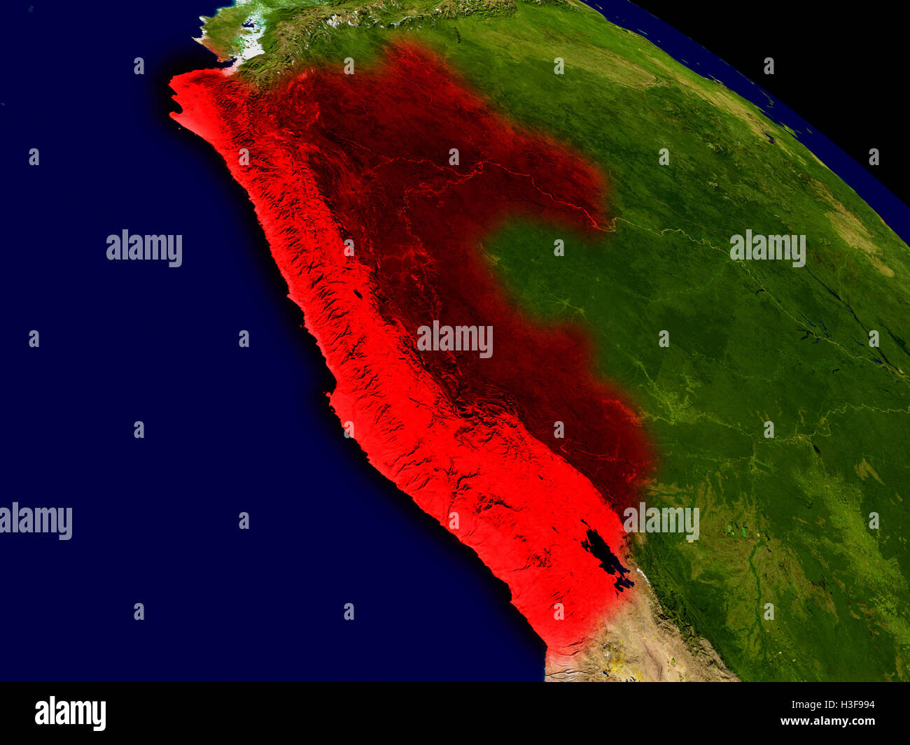 Peru from space in red. 3D illustration with highly detailed realistic ...