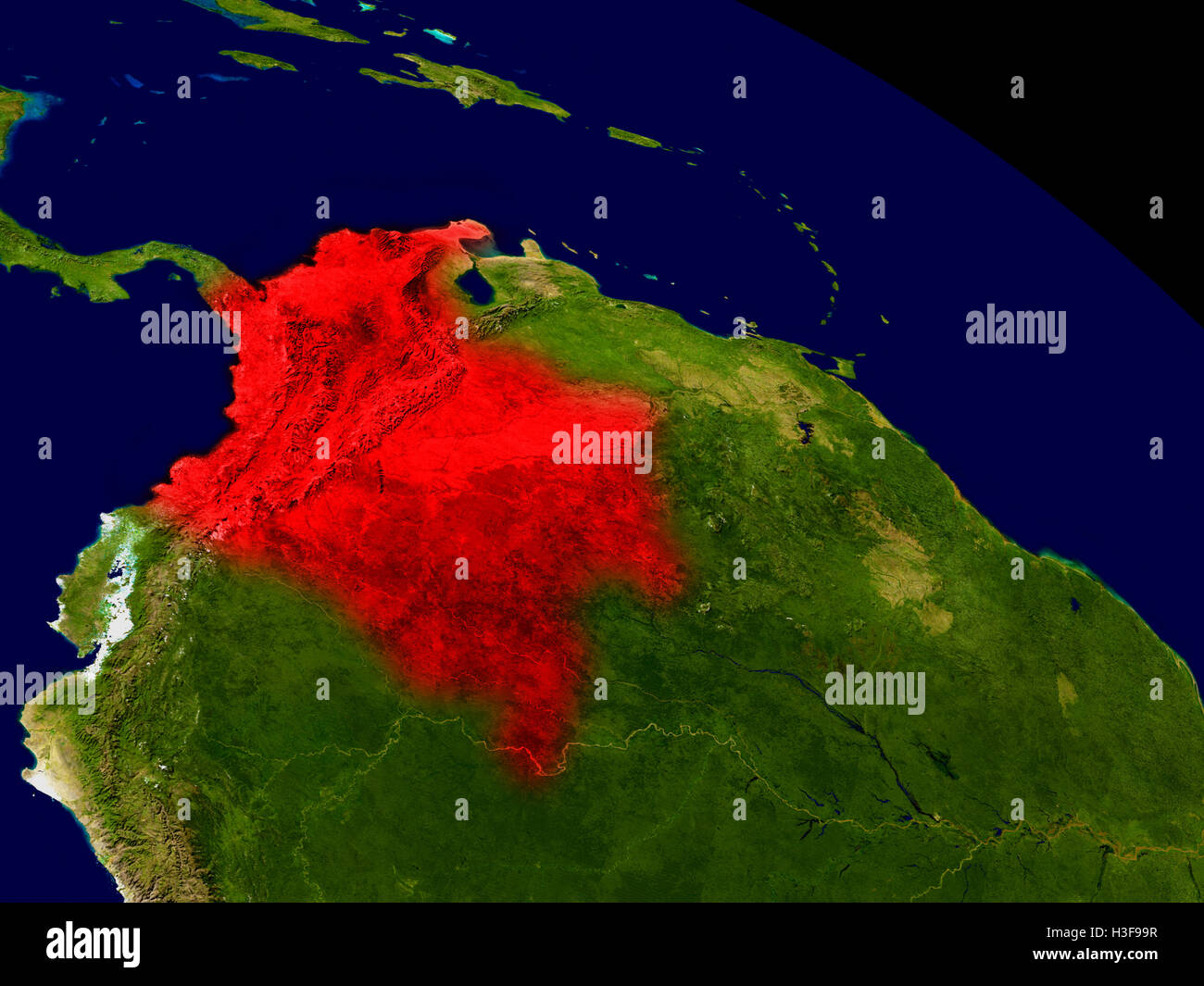 Colombia from space in red. 3D illustration with highly detailed ...