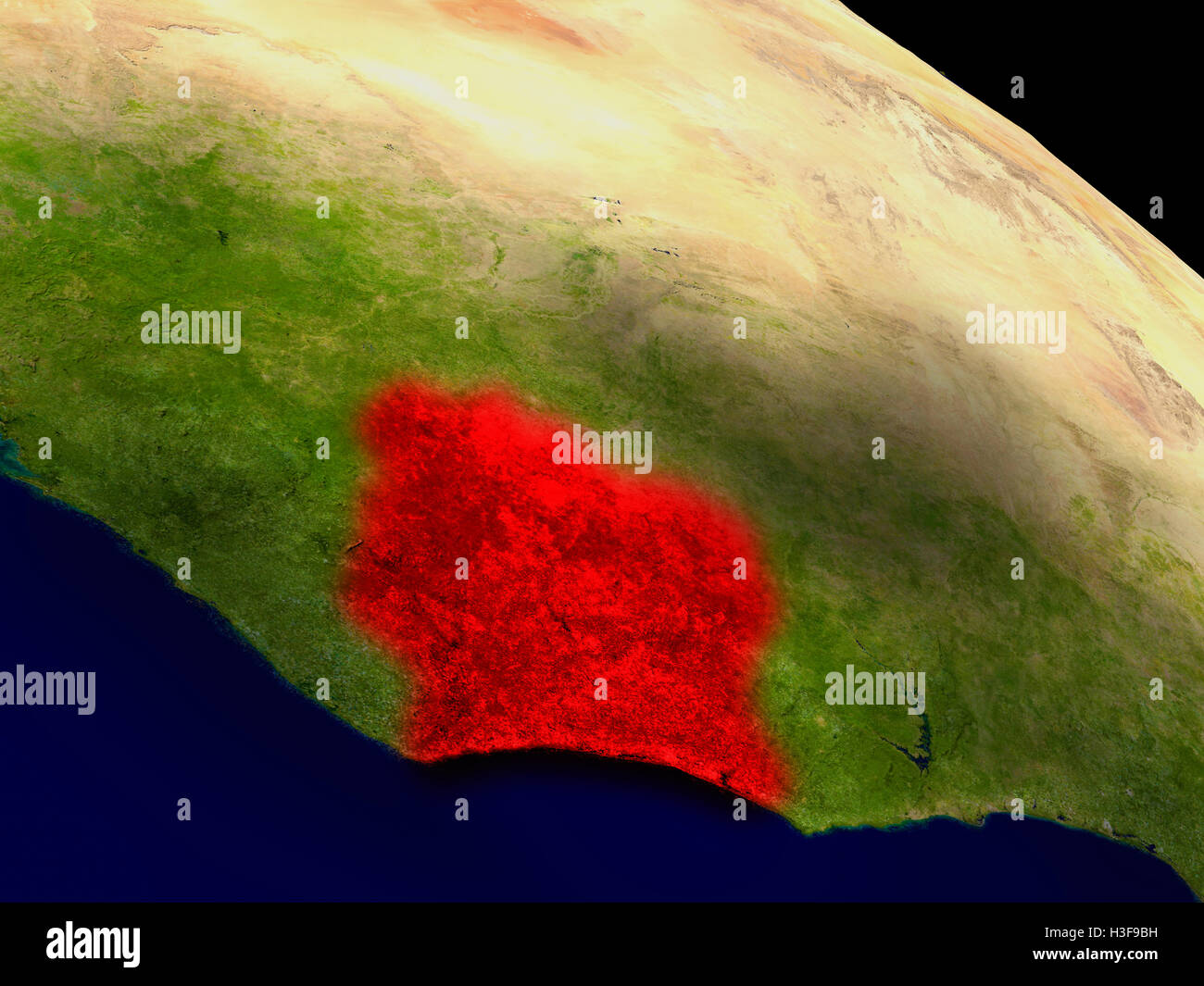 Ivory Coast from space in red. 3D illustration with highly detailed ...