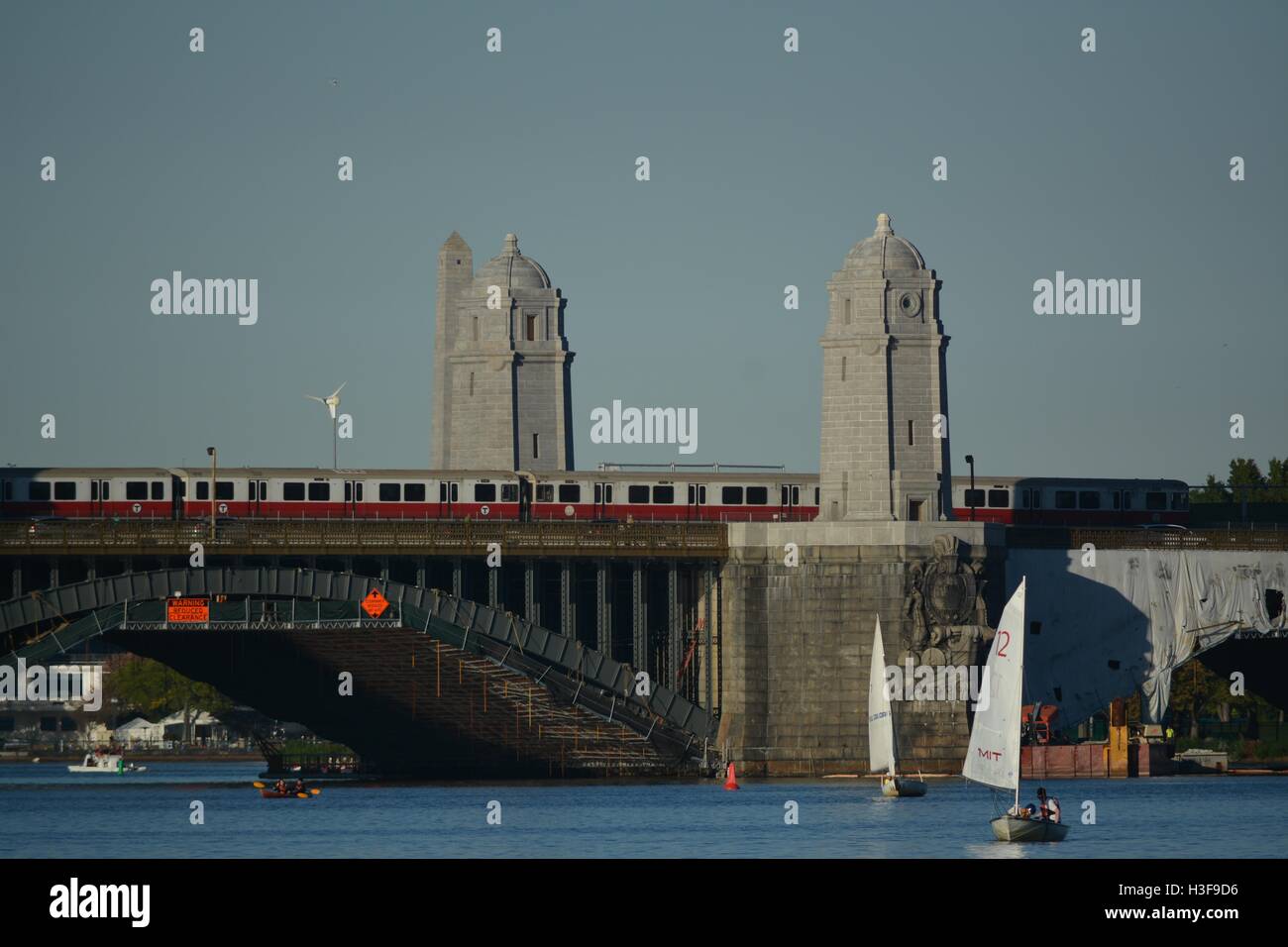 A MBTA red line subway heavy rail train crossing the Longfellow Bridge ...