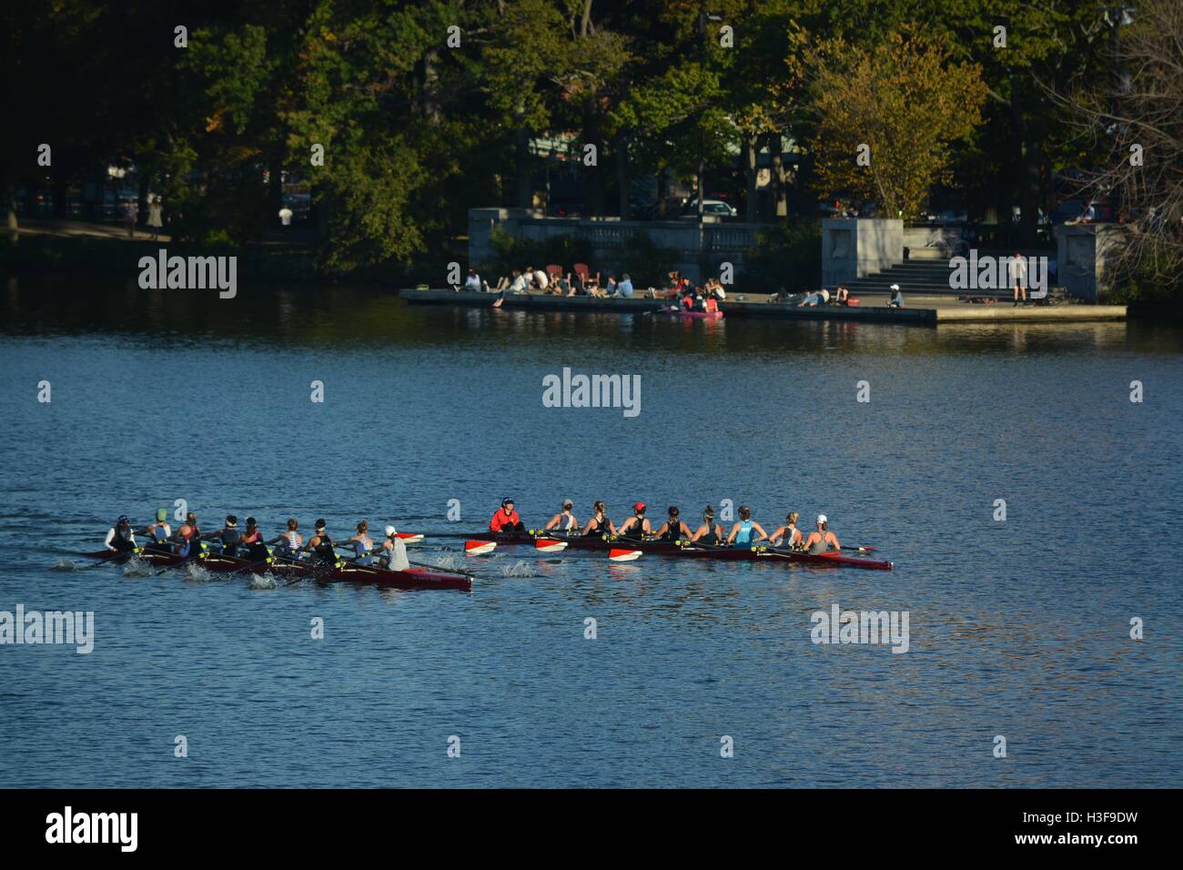 A Crew team practicing on the Charles for the Head of the Charles ...