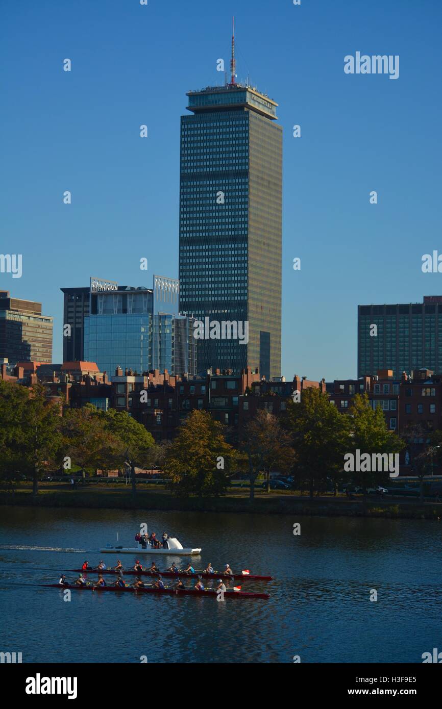 A Crew team practicing on the Charles for the Head of the Charles ...