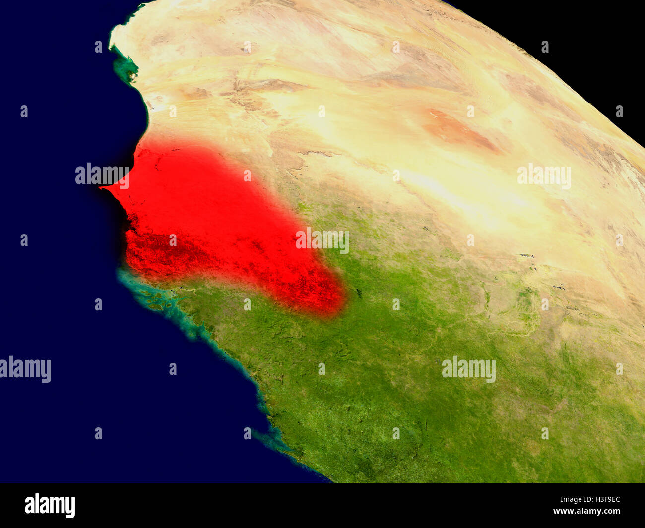 Senegal from space in red. 3D illustration with highly detailed ...