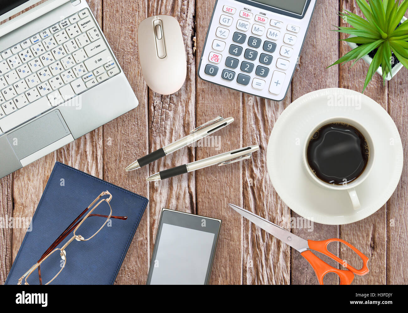 image of business object flat lay on wooden backgrond Stock Photo - Alamy