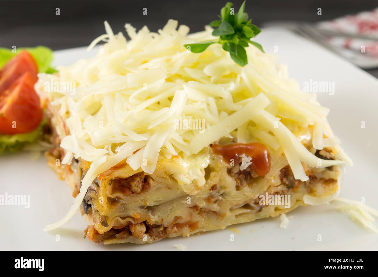 Lasagna portion served with fresh vegetables on a plate Stock Photo - Alamy