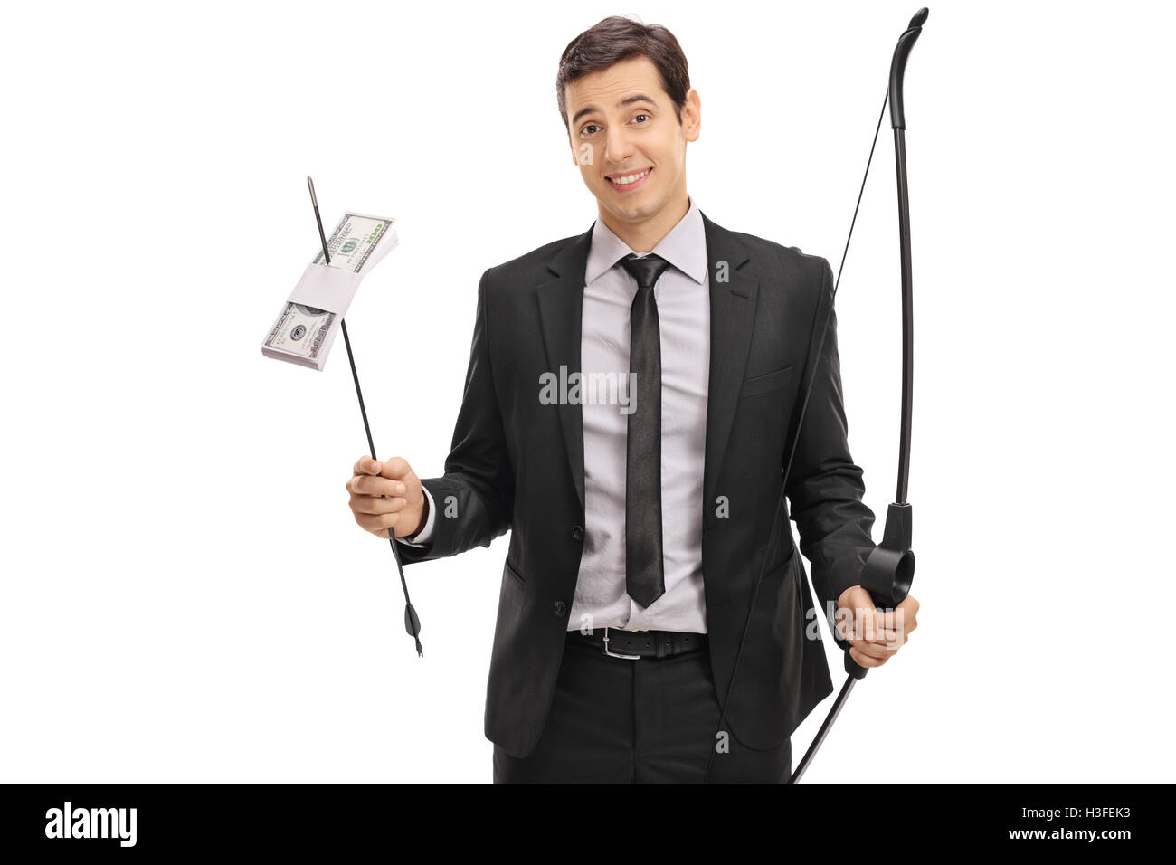 Happy businessman holding a bow and an arrow with a bundle of money ...