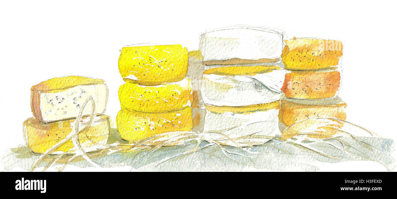 Stacked Matured Cheese - Watercolor Illustration Stock Photo - Alamy