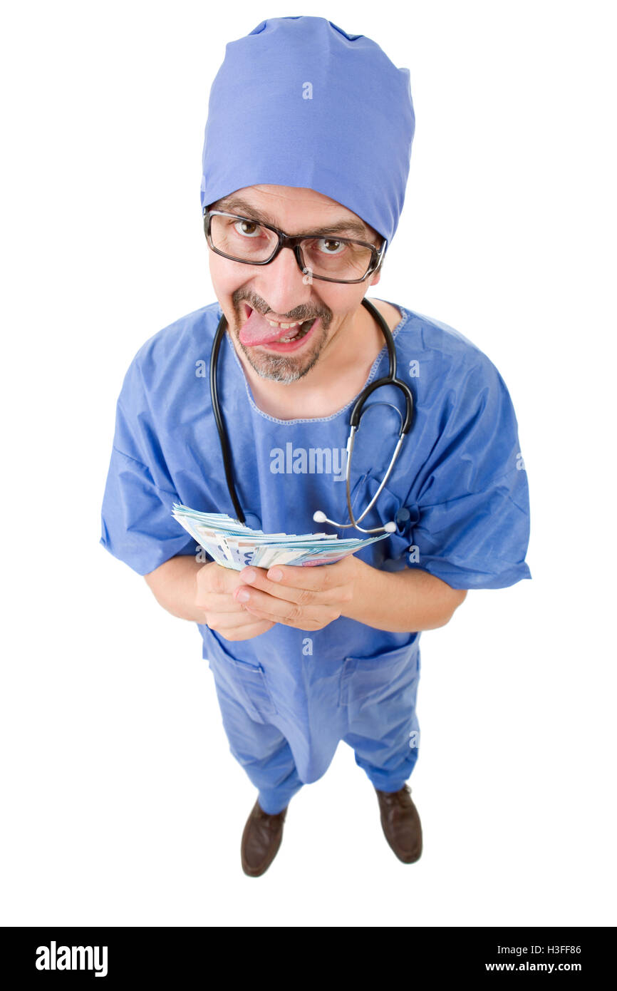 silly male doctor full length with money, isolated on white background ...
