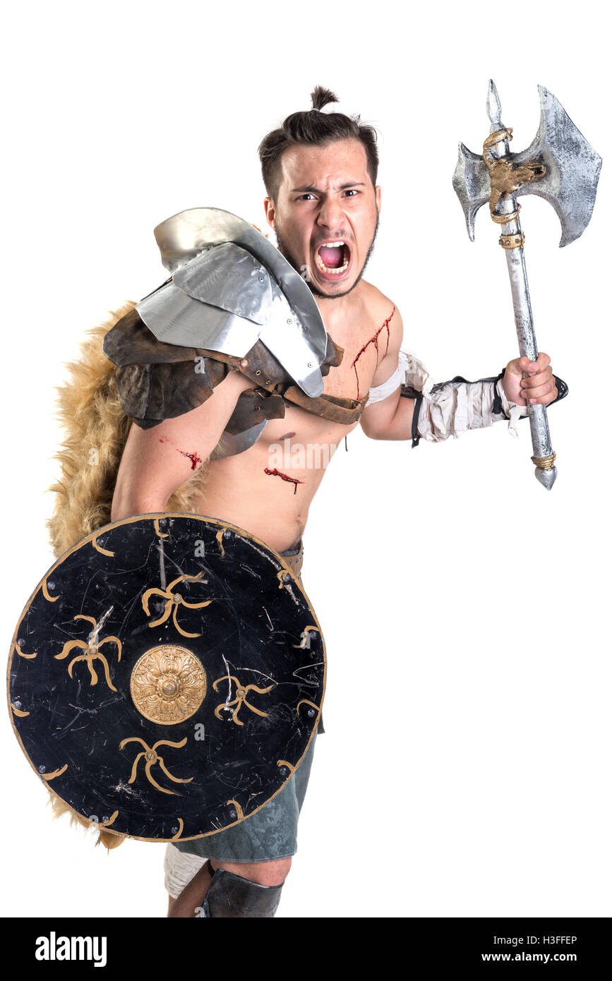 Ancient warrior or Gladiator isolated in a white background Stock Photo ...