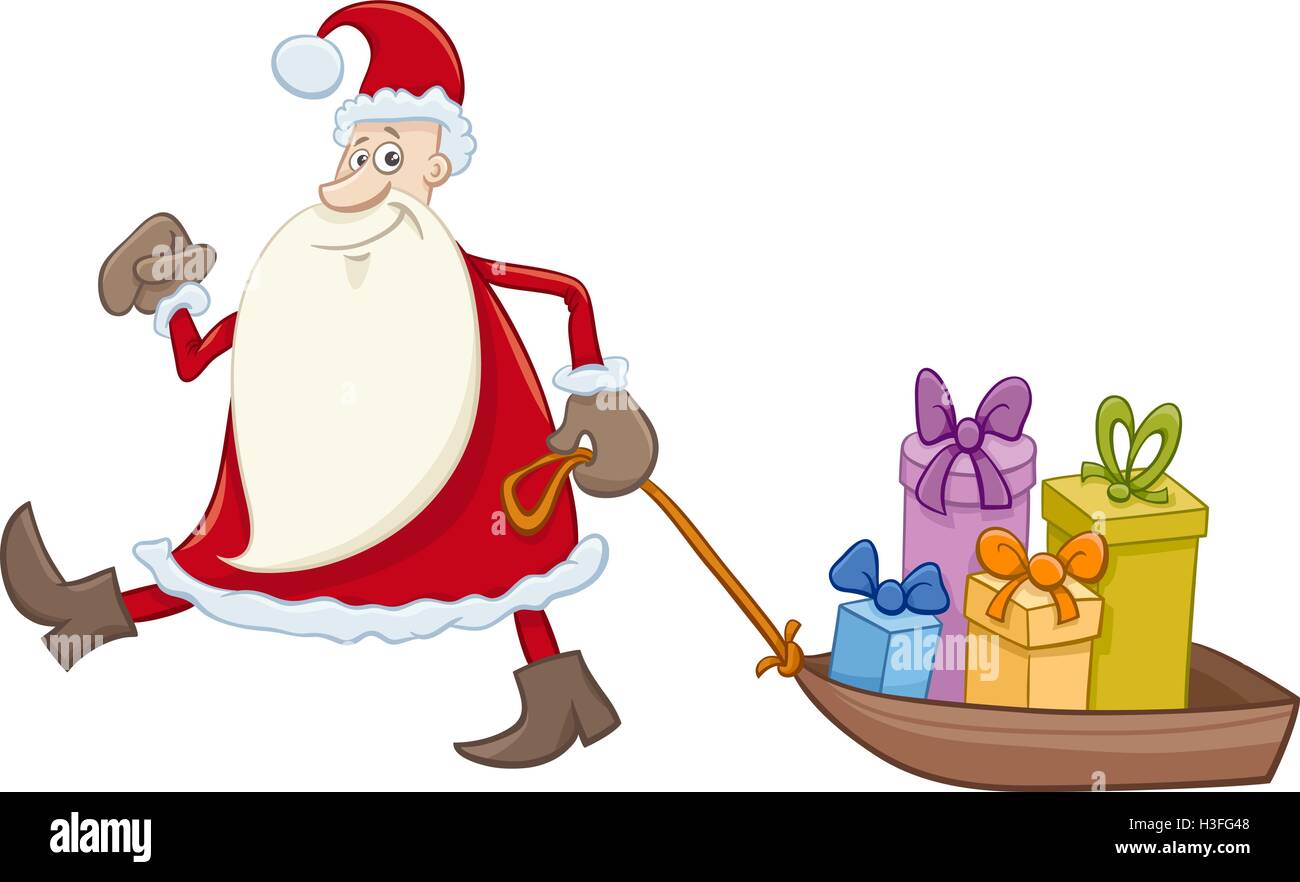 Cartoon Illustration of Santa Claus Christmas Presents on the Sledge ...