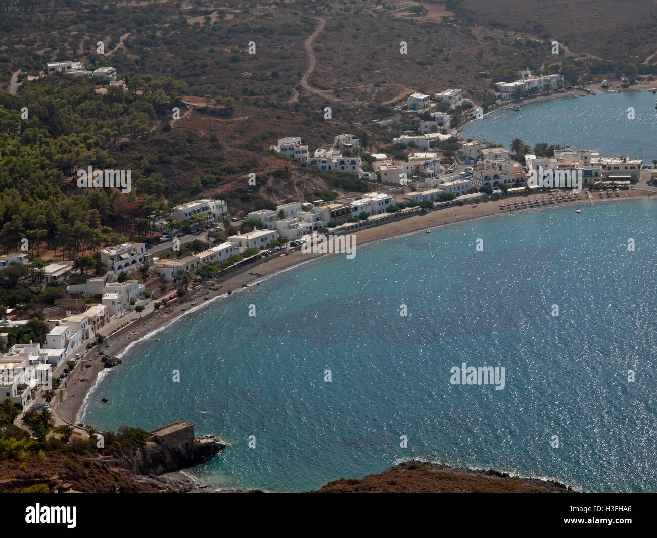 The beach and bay in Kapsali on the Greek island of Kythira Stock Photo ...