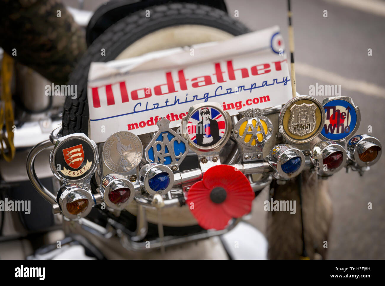 Badges on Vespa Scooter at a Sixties Vintage Rally Stock Photo - Alamy