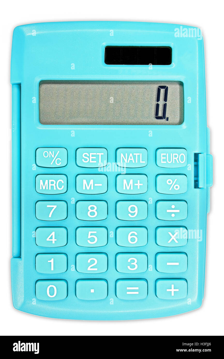 Calculator in turquoise color with solar panel isolated on white ...