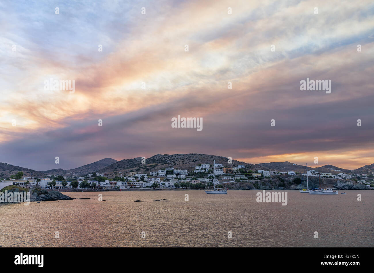 Dawn colors over Finikas village in Syros island, Cyclades, Greece ...