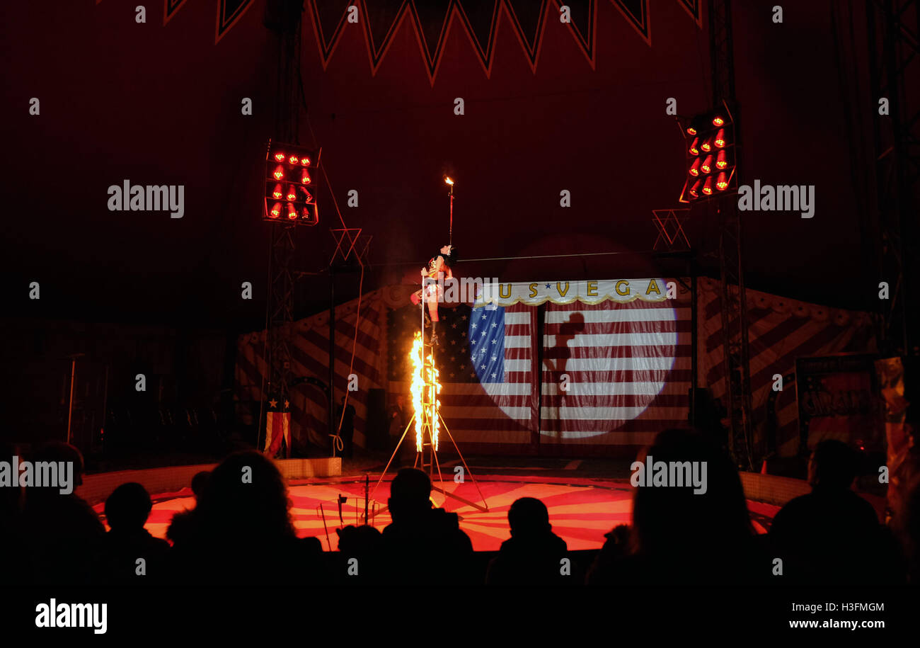 A sword balancing act at circus vegas at whitley bay hi-res stock ...