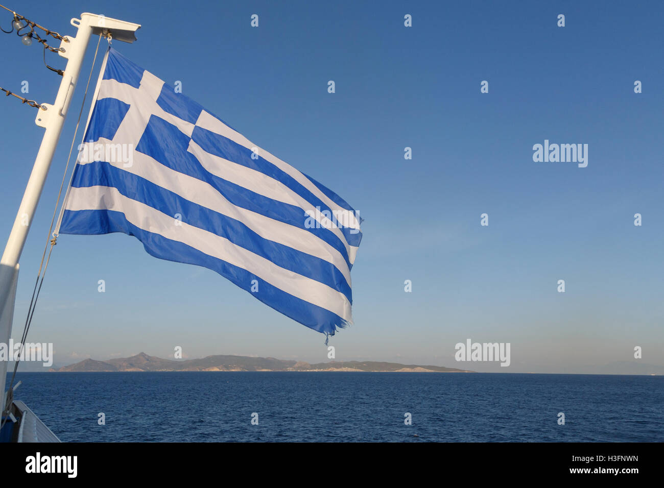 flag of Greece on ferry in Aegean sea Stock Photo - Alamy