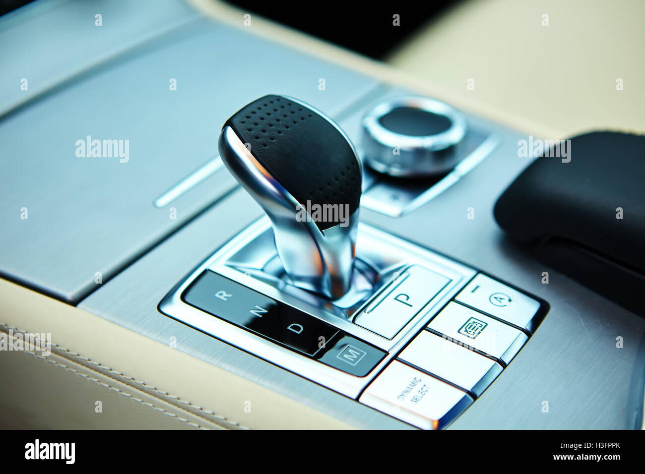 Detail of modern car interior, gear stick, automatic transmission in ...
