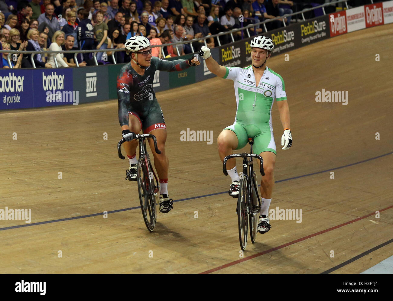 Matt Rotherham (left) celebrates winning the sprinters omnium ...