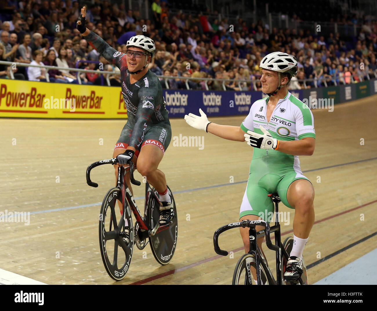 Matt Rotherham (left) celebrates winning the sprinters omnium ...