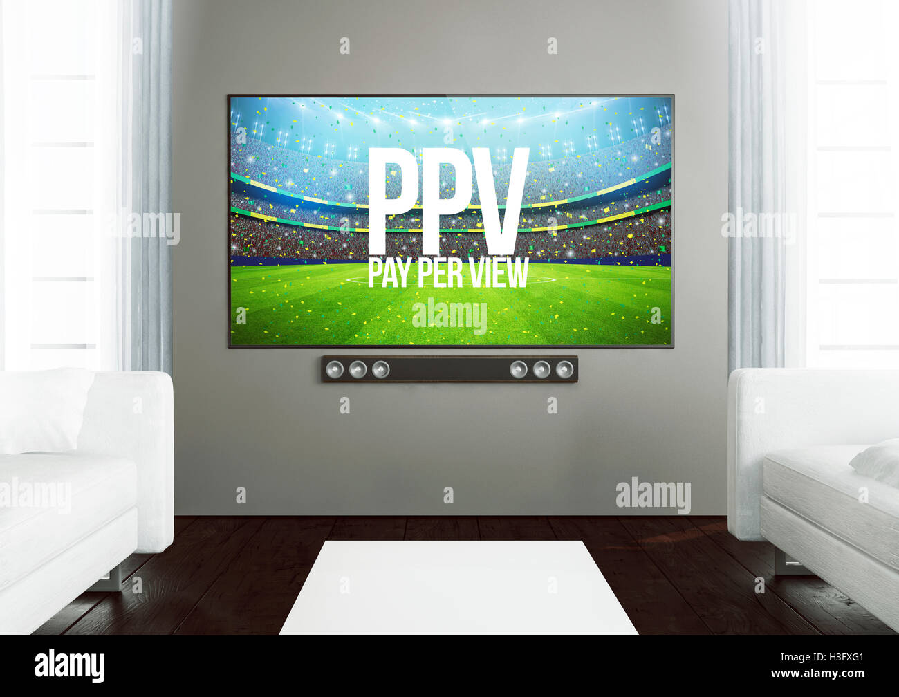3d rendering of pay per view on smart tv on a wooden living room Stock ...
