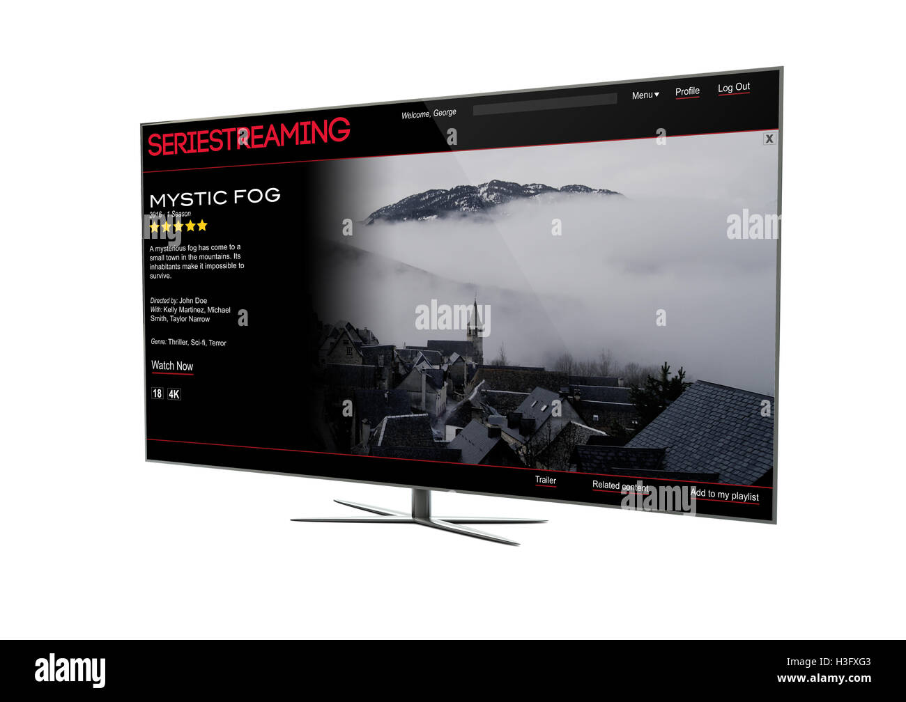 render of a modern television with smart tv showing serioes on demand ...