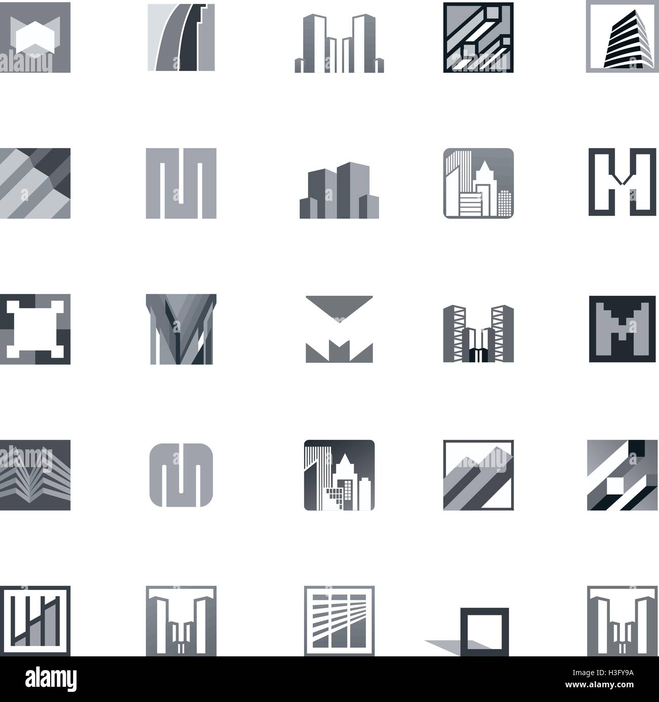 Grey business logo set with 3d effect buildings for corporate identity ...