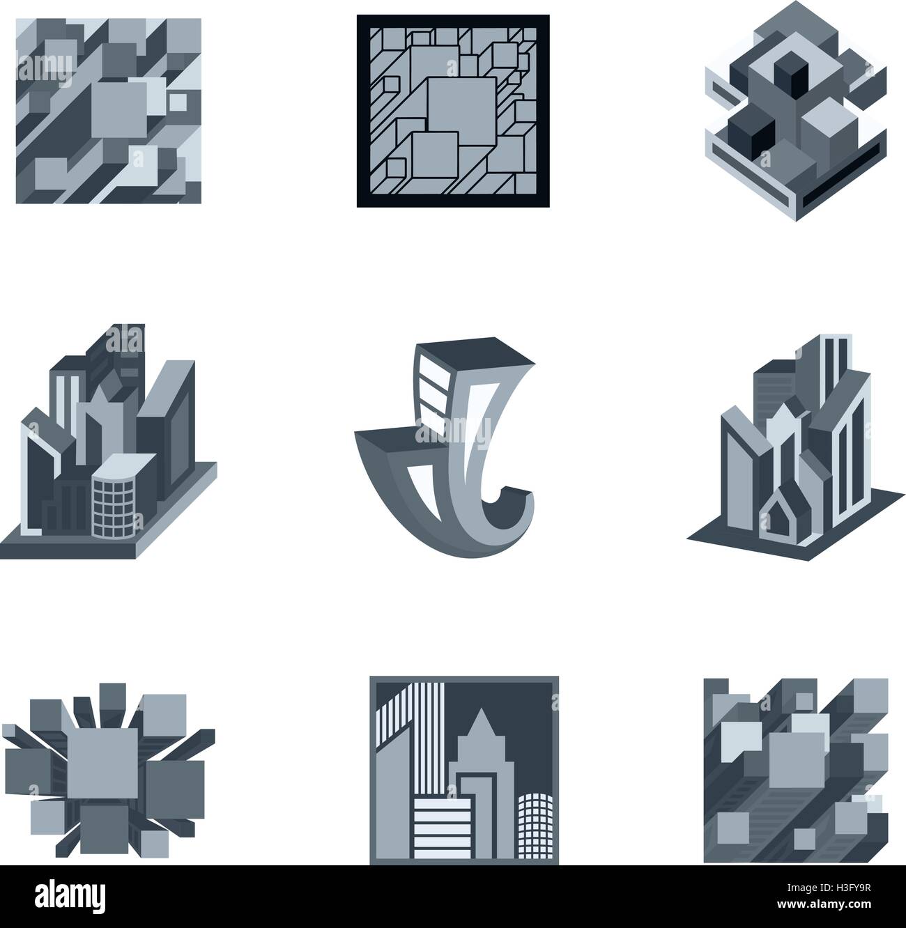 Grey business logo set with 3d effect buildings for corporate identity ...