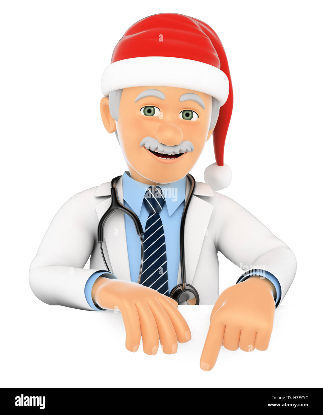 3d medical people illustration. Doctor pointing down with a Santa Claus ...