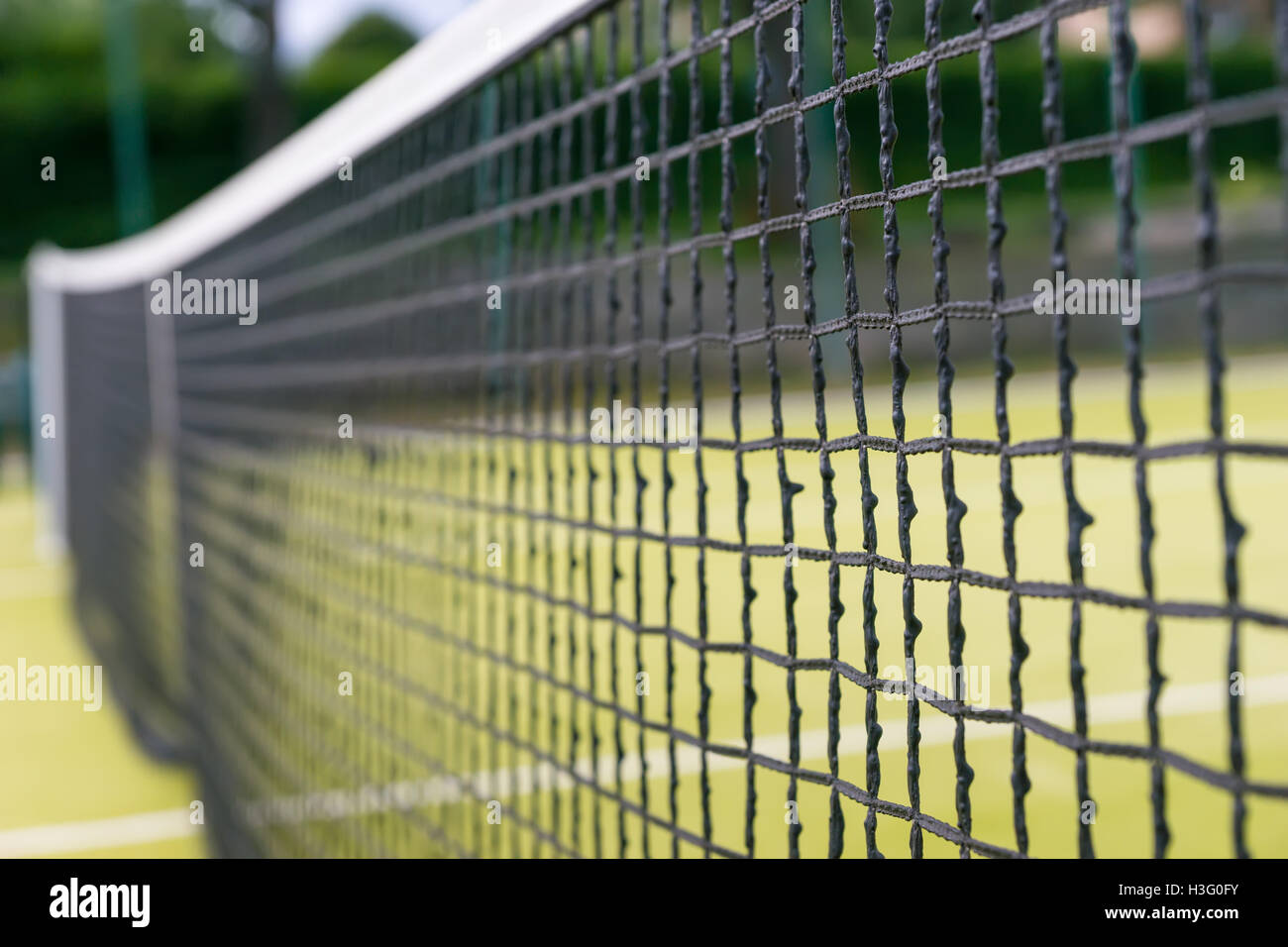 Close up of tennis net on empty grass tennis court outdoors in summer ...