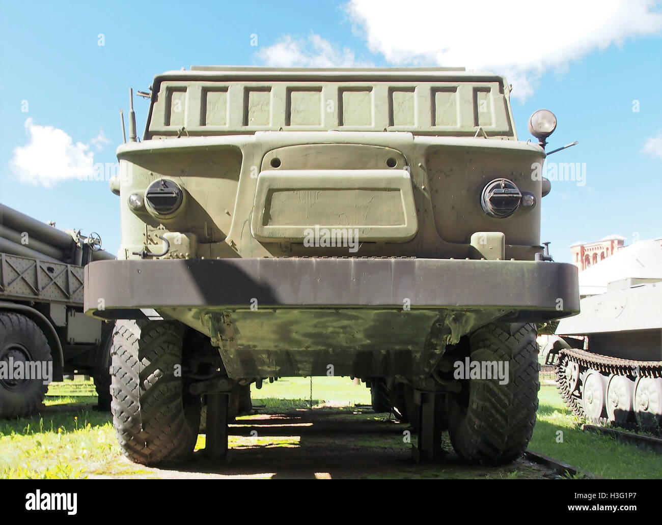 The 9K57 Uragan multiple launch rocket system (MLRS) on display at the ...