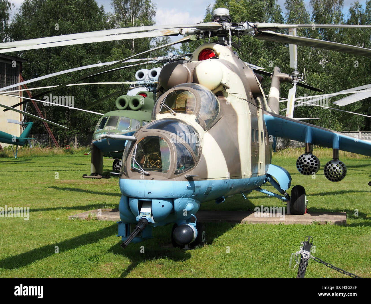 The Mil Mi-24, a Soviet-designed attack helicopter, is displayed at the Central Air Force Museum ...