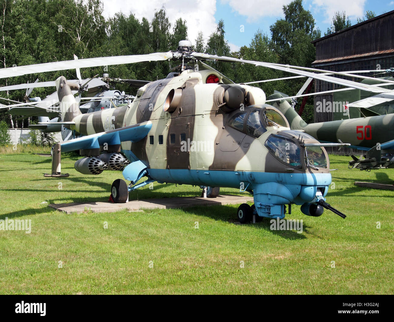 The Mil Mi-24, a Soviet-designed attack helicopter, is displayed at the ...